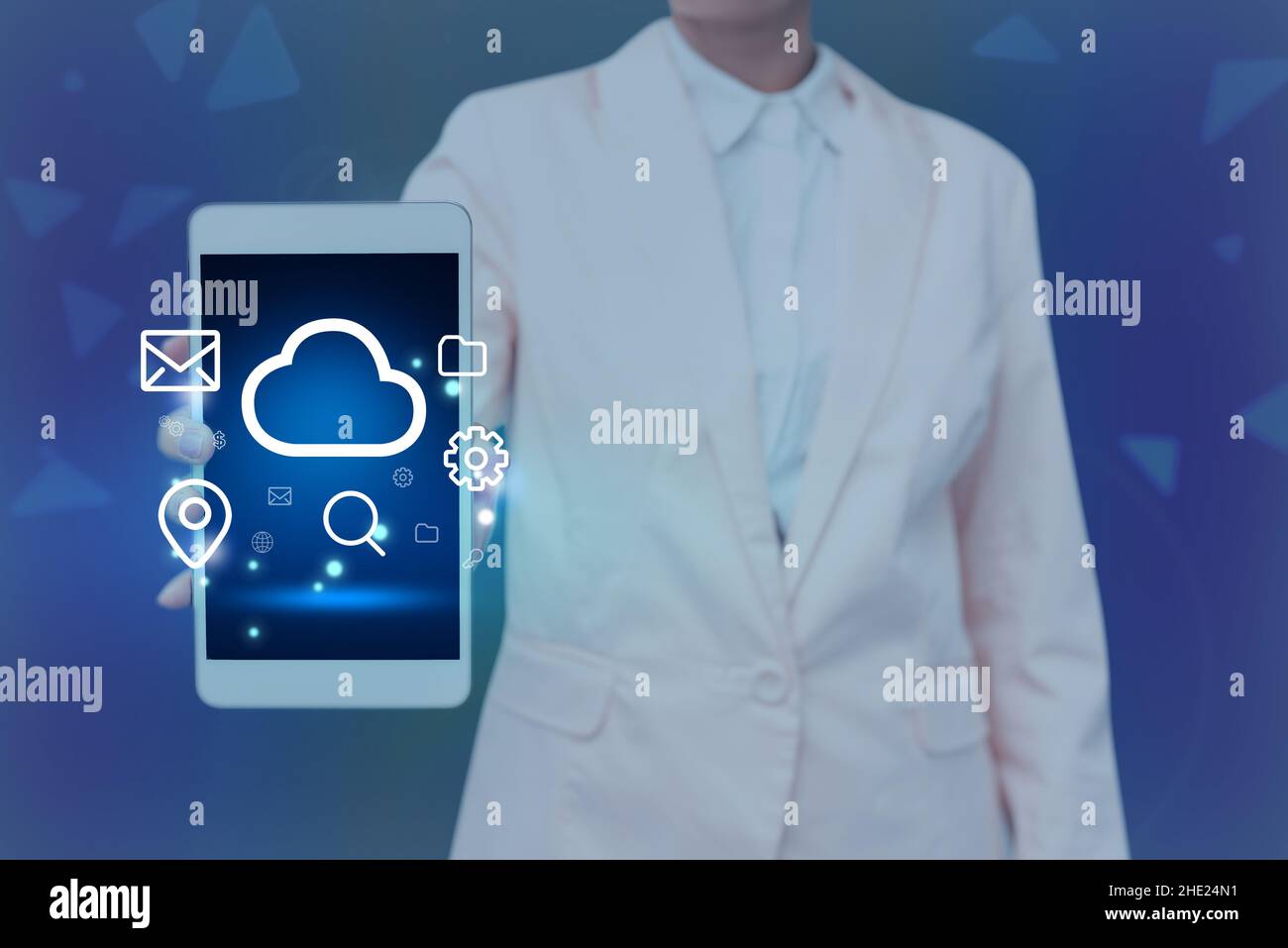 Lady Pressing Screen Of Mobile Phone Showing The Futuristic Technology ...