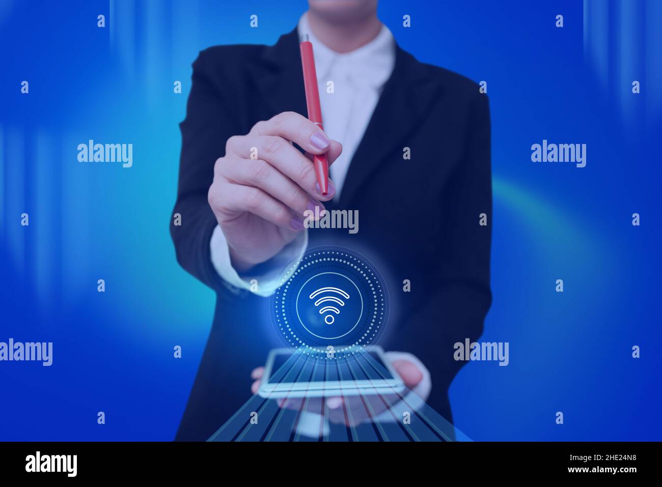 Lady Pressing Screen Of Mobile Phone Showing The Futuristic Technology ...