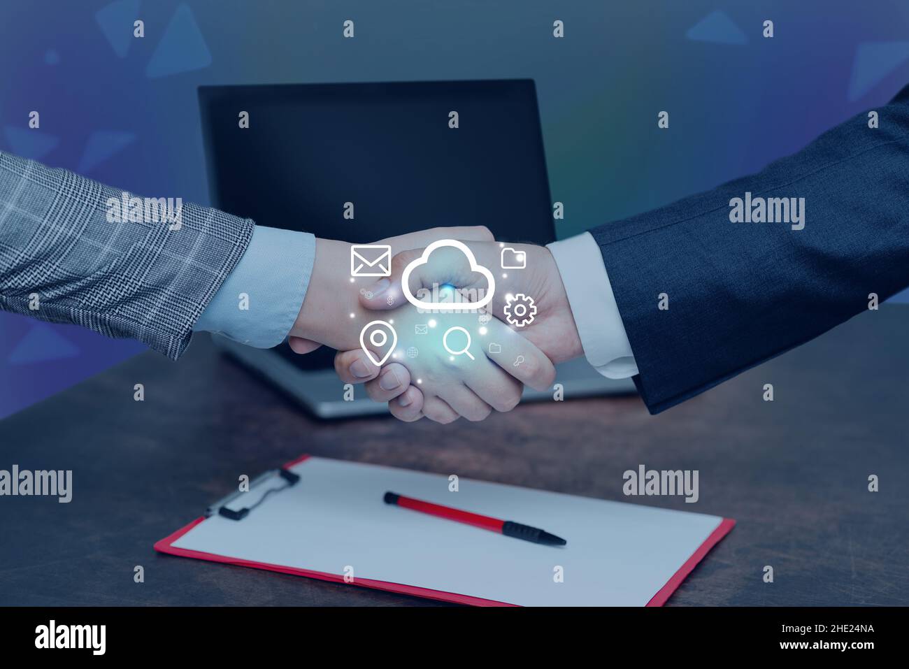 Hands Shaking Signing Contract Unlocking New Futuristic Technologies ...