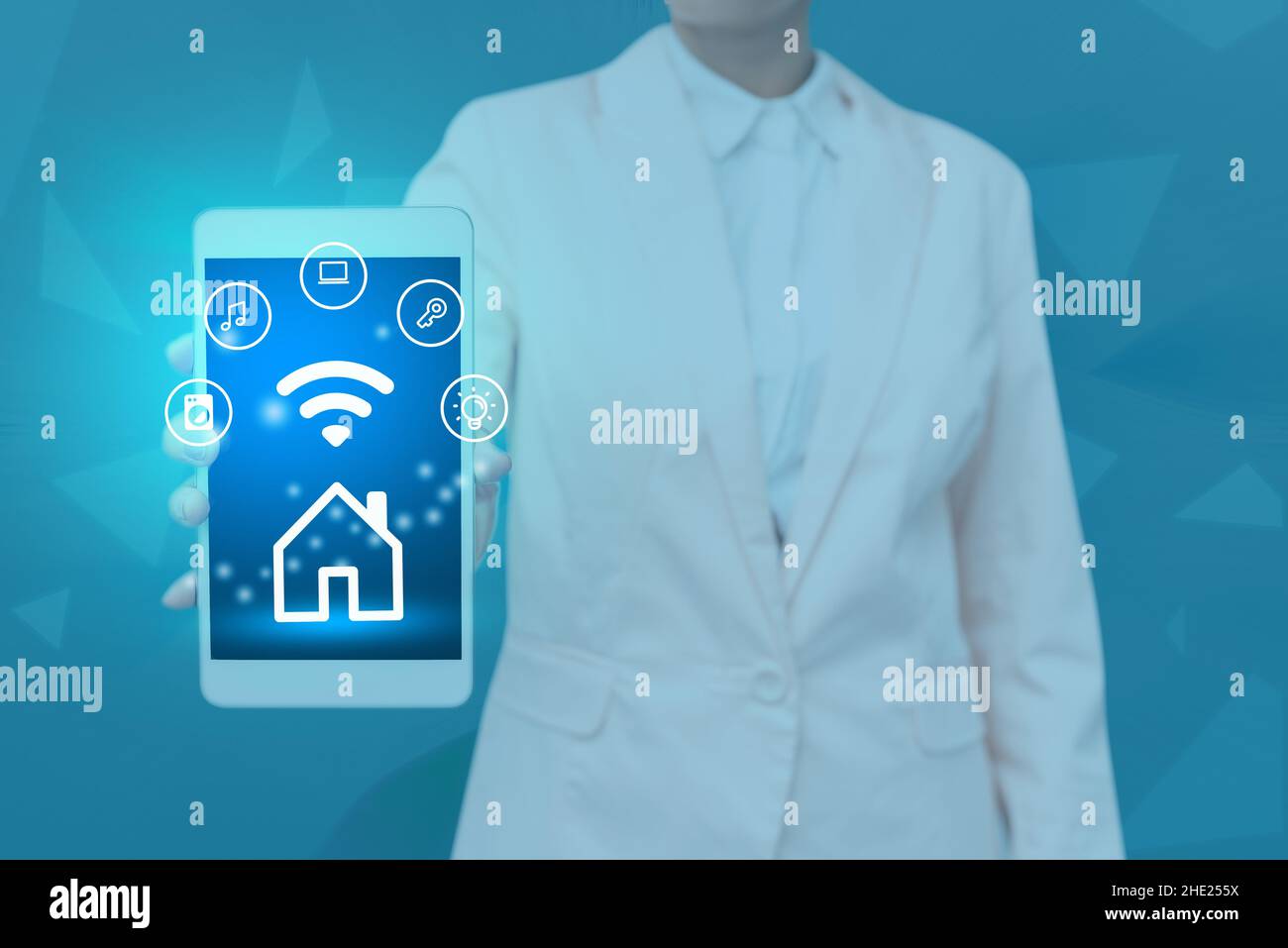 Lady Pressing Screen Of Mobile Phone Showing The Futuristic Technology ...