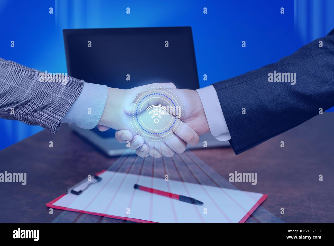 Hands Shaking Signing Contract Unlocking New Futuristic Technologies ...