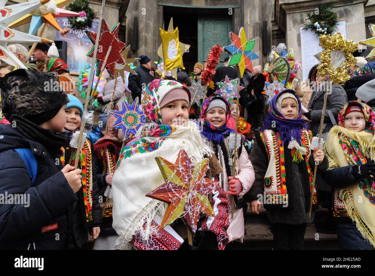Lviv, Ukraine, 8 January 2022. Children hold stars during procession of ...