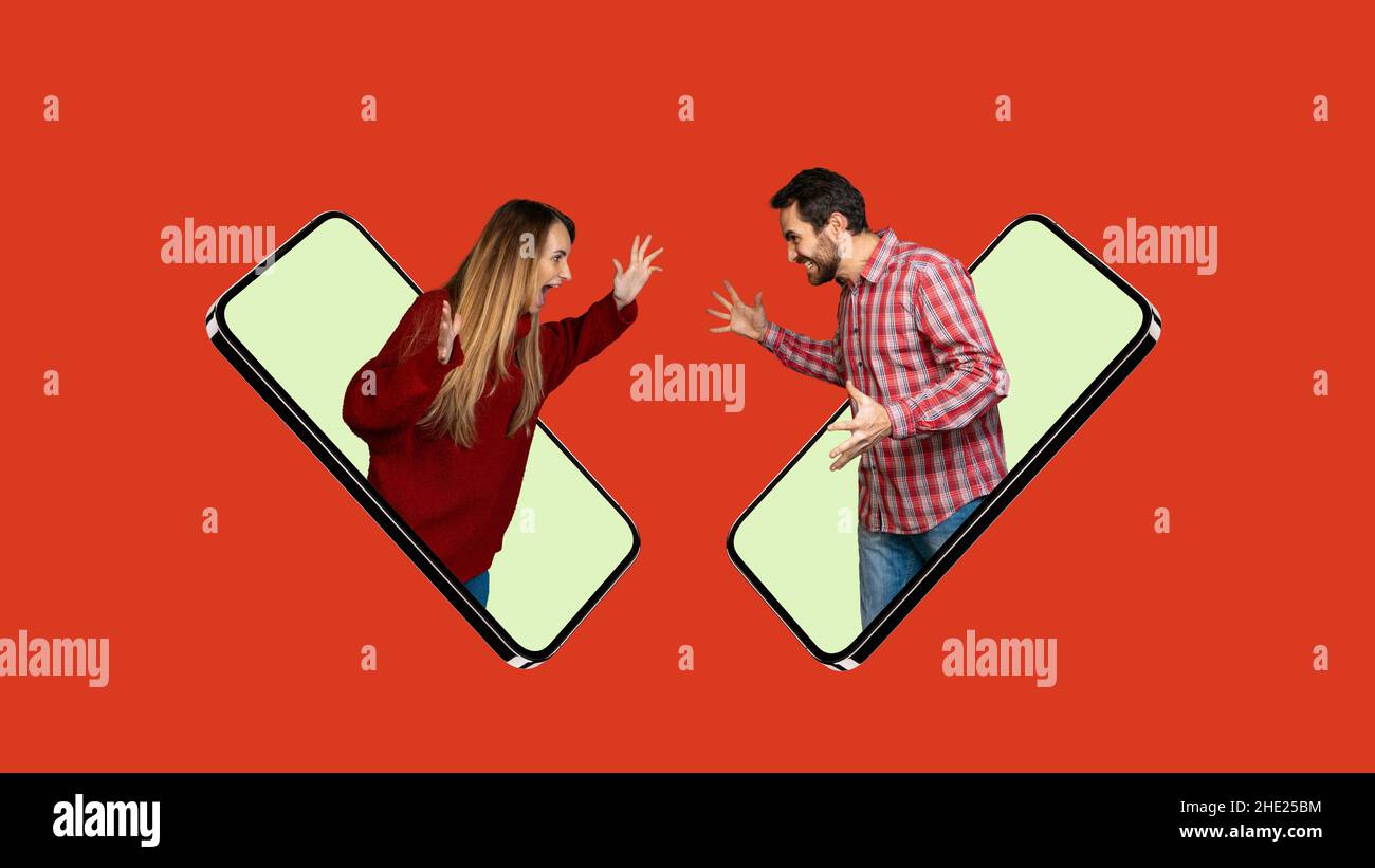 Collage of man and woman sticking out phone screen and shouting at each ...