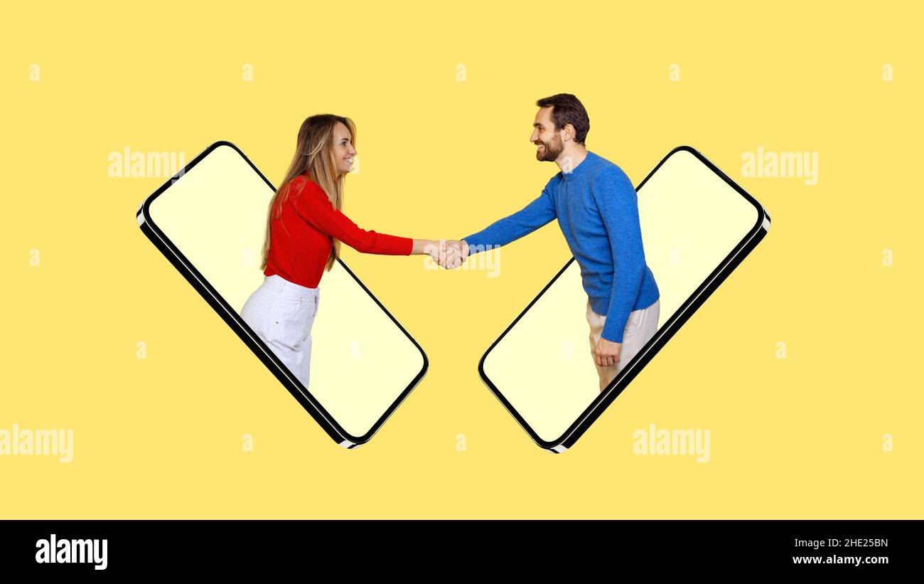 Collage of man and woman sticking out phone screen and shaking hands ...