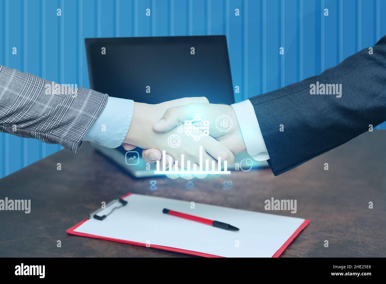 Hands Shaking Signing Contract Unlocking New Futuristic Technologies ...