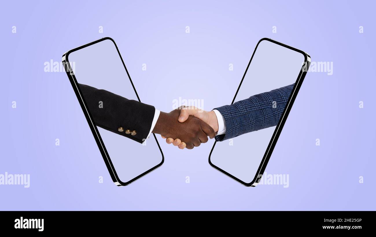Collage of two shaking hands sticking out phone screen isolated over ...