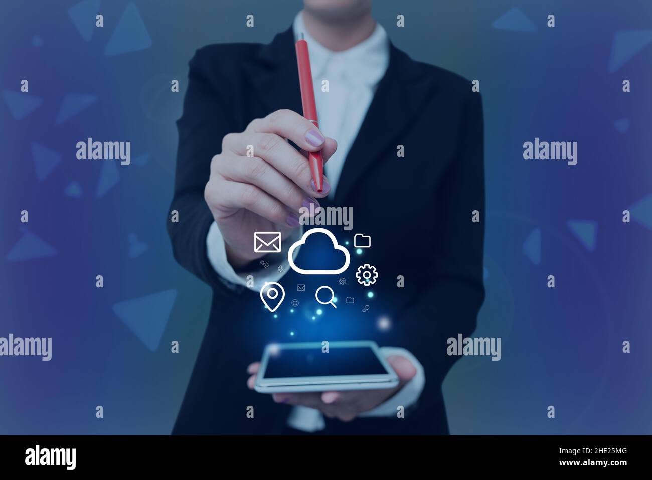 Lady Pressing Screen Of Mobile Phone Showing The Futuristic Technology ...