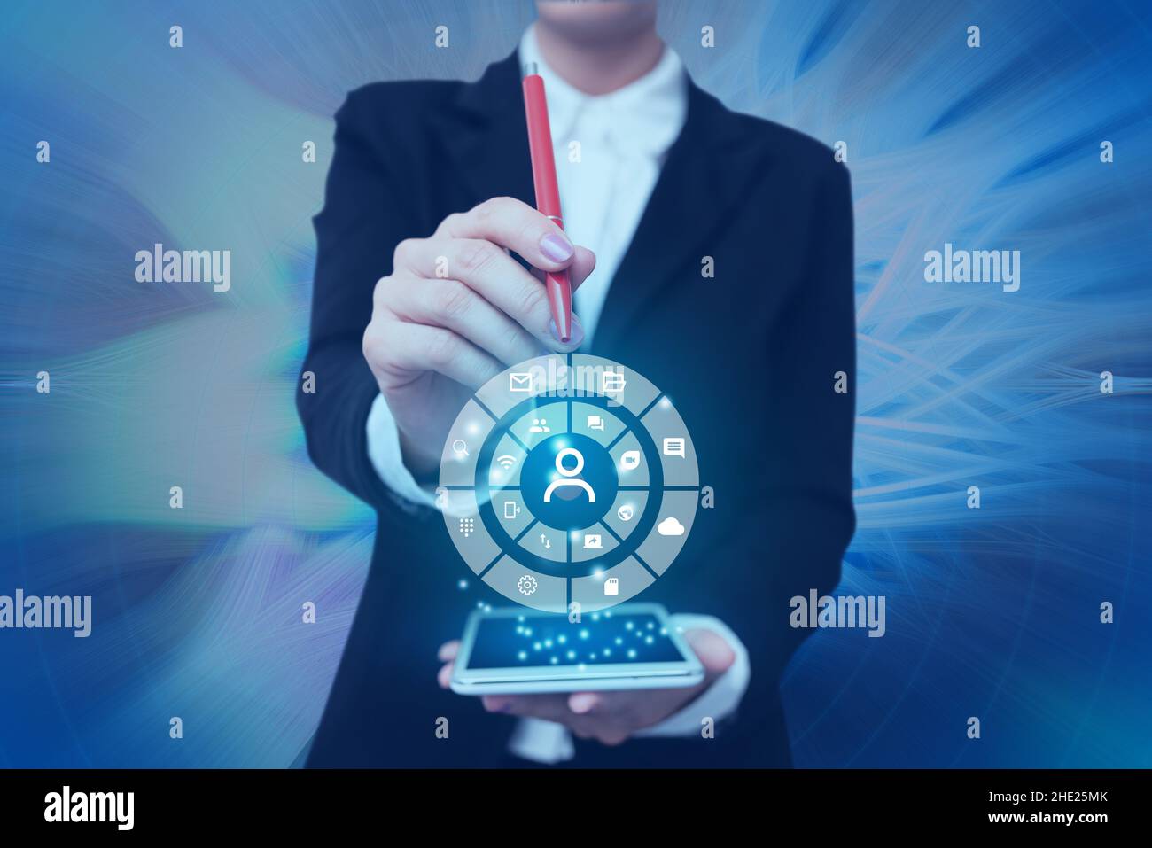 Lady Pressing Screen Of Mobile Phone Showing The Futuristic Technology ...