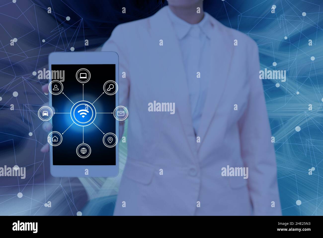 Lady Pressing Screen Of Mobile Phone Showing The Futuristic Technology ...