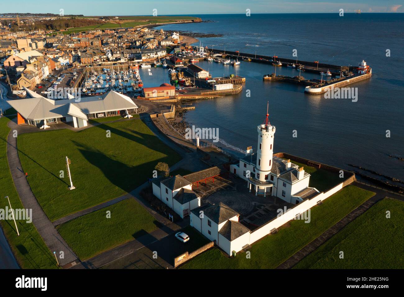 Aerial view from drone of Arbroath harbour and Signal Tower Museum in ...