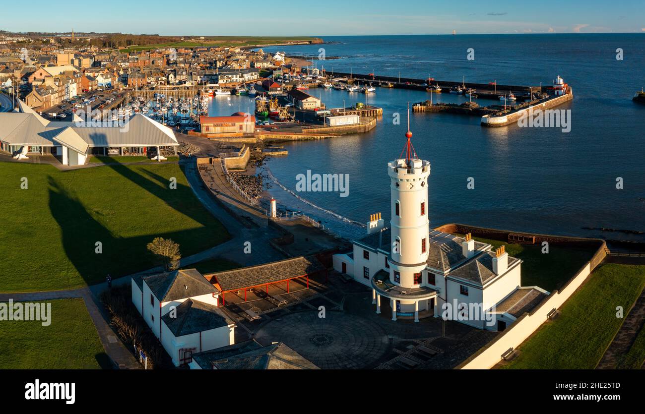 Aerial view from drone of Arbroath harbour and Signal Tower Museum in ...
