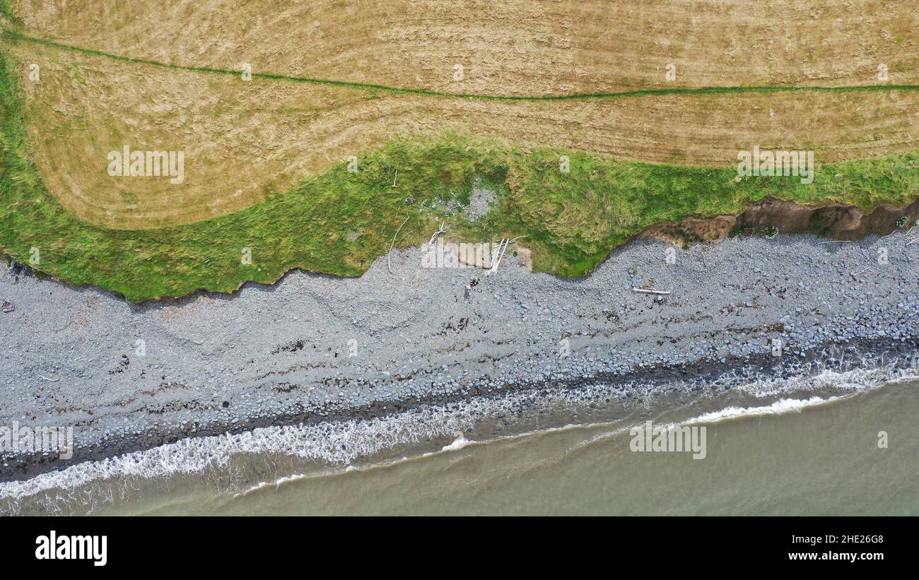Aerial image of fields, beach and coastal path in Llanon Ceredigion ...