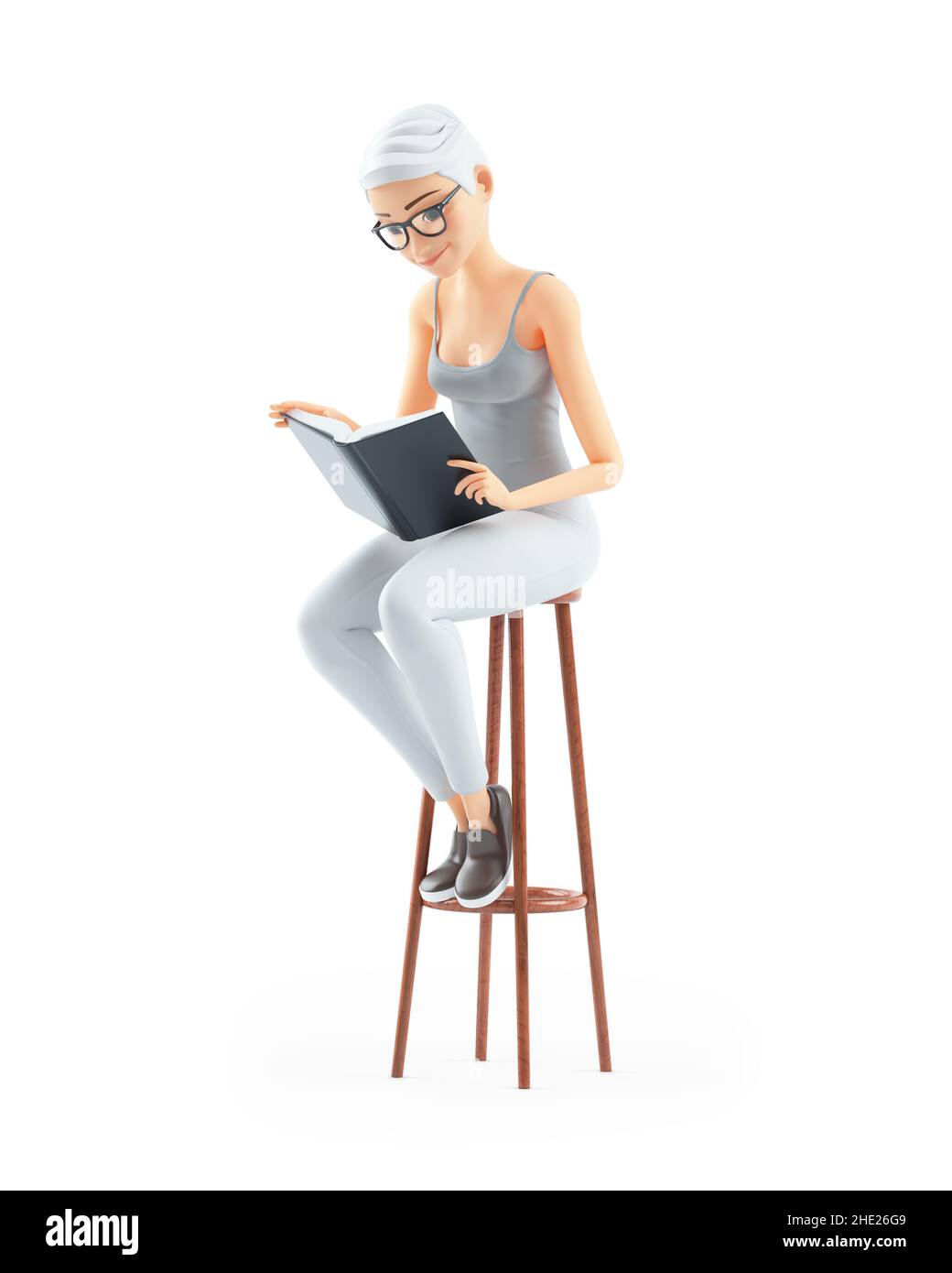 3d senior woman reading book on stool, illustration isolated on white ...