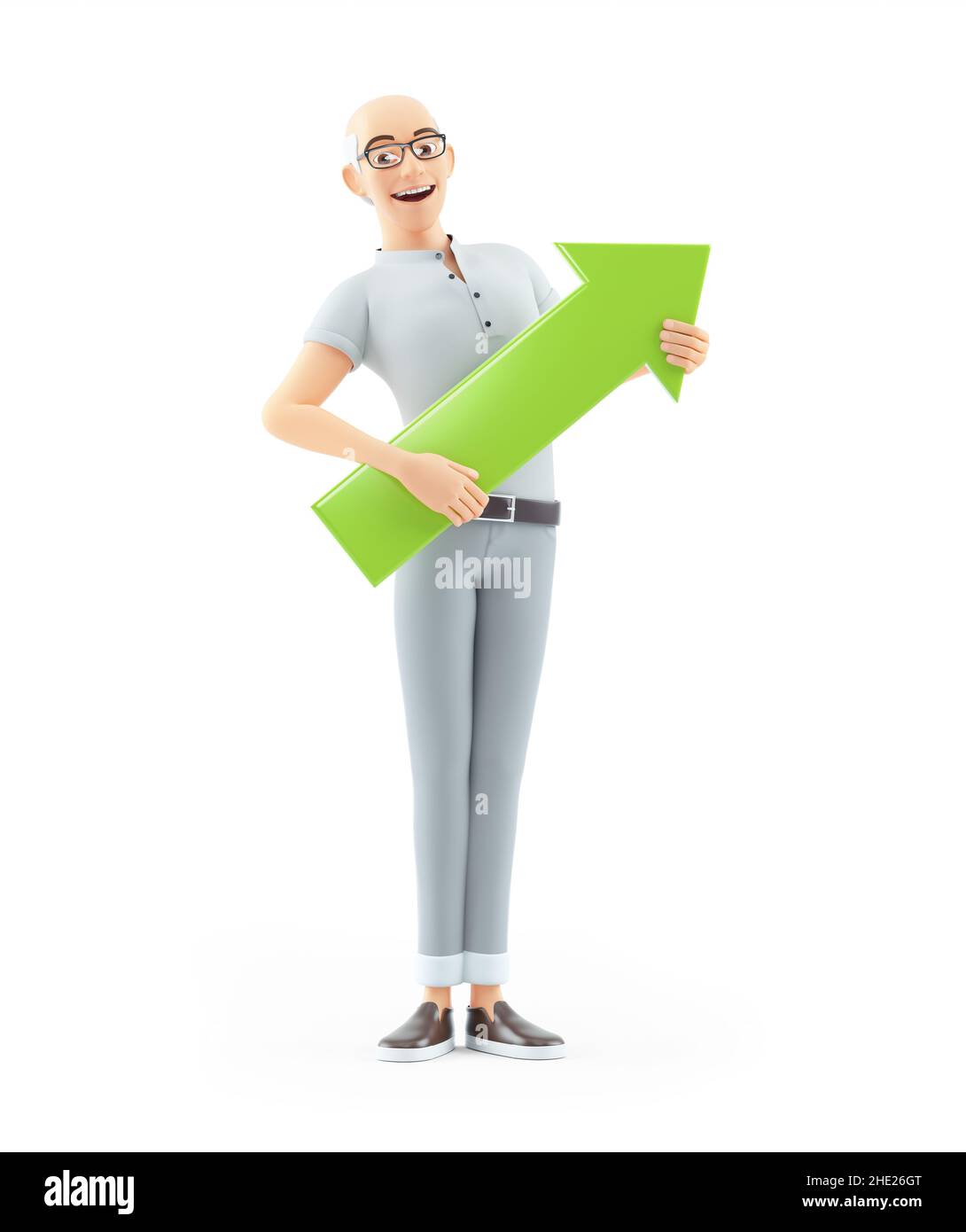 3d senior man holding green arrow up, illustration isolated on white ...