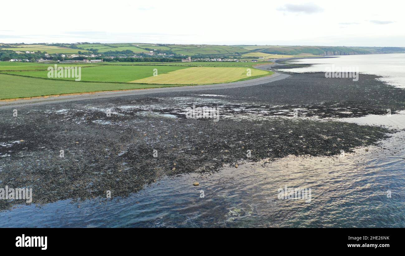 Aerial Image overlooking Llanon from Llanrhystud beach, showing the sea ...