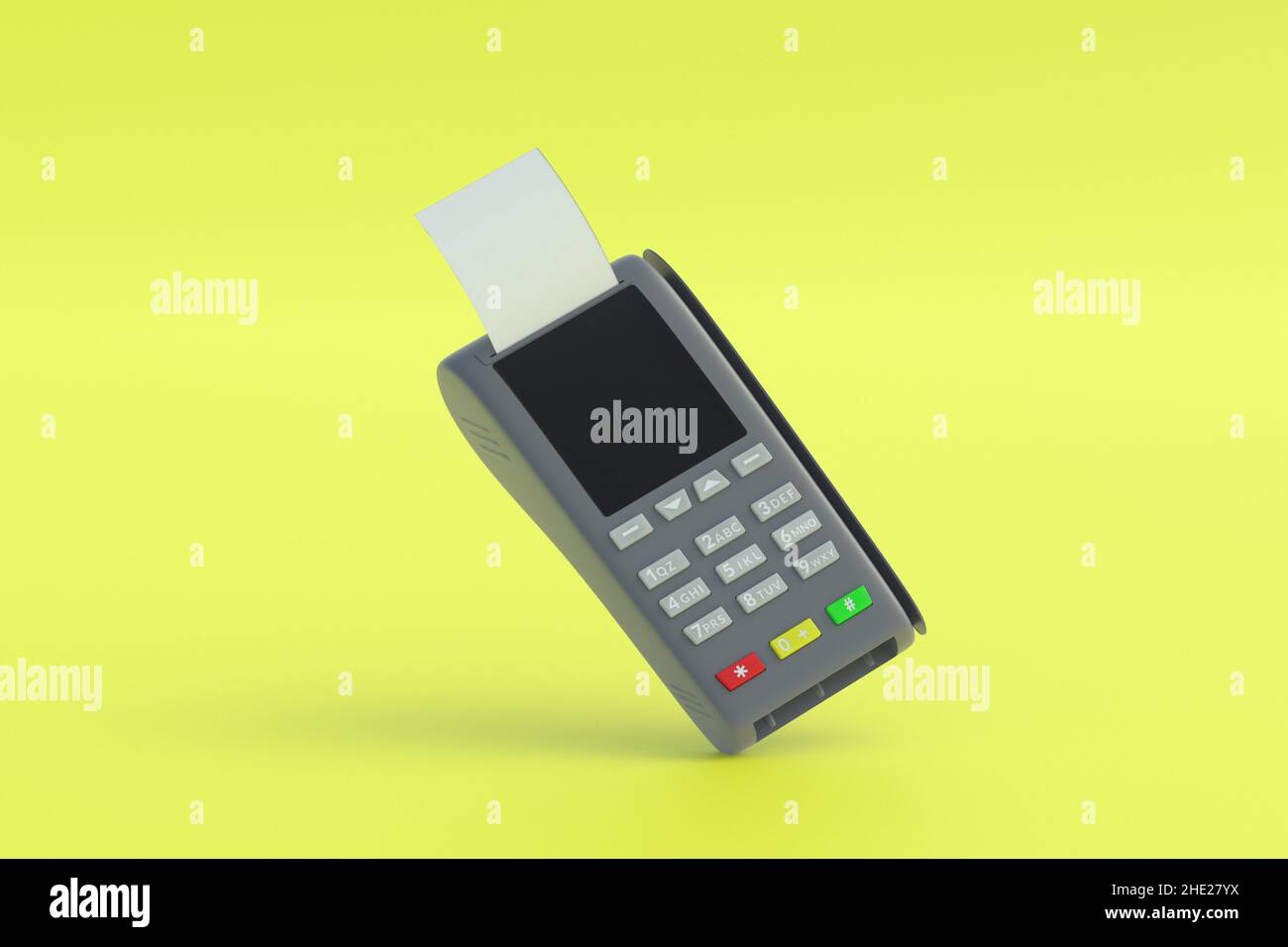 Portable cash register with paper check on yellow background. 3d render ...