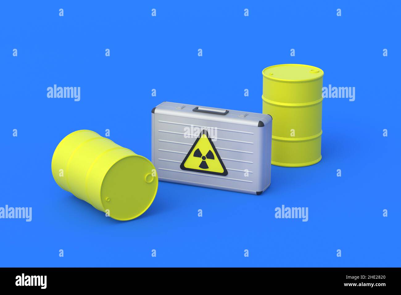Metal suitcase near radiation sign and barrel. Nuclear briefcase ...