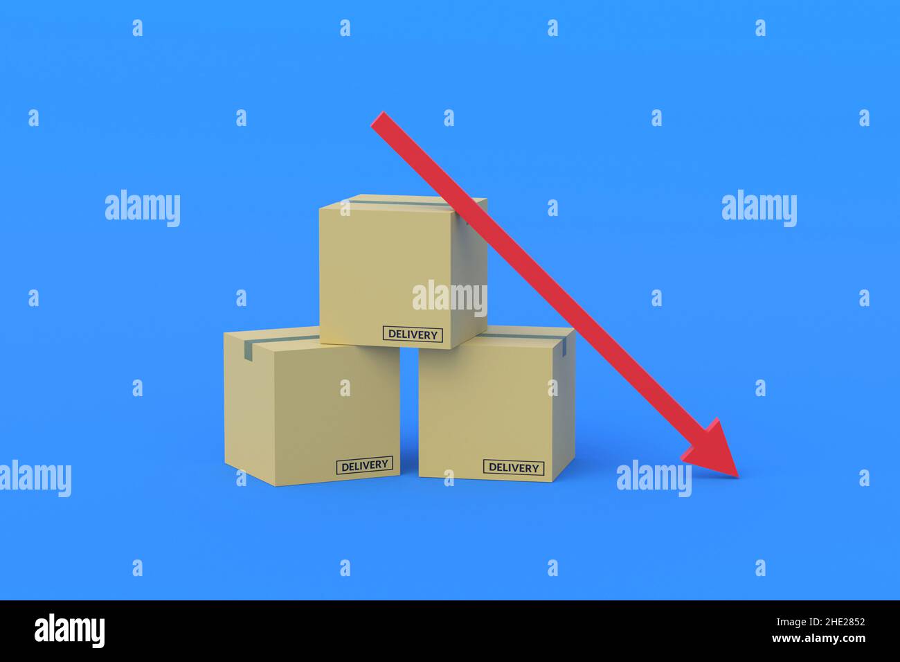 Cardboard boxes near red down arrow. Reduced costs. Decline investment ...