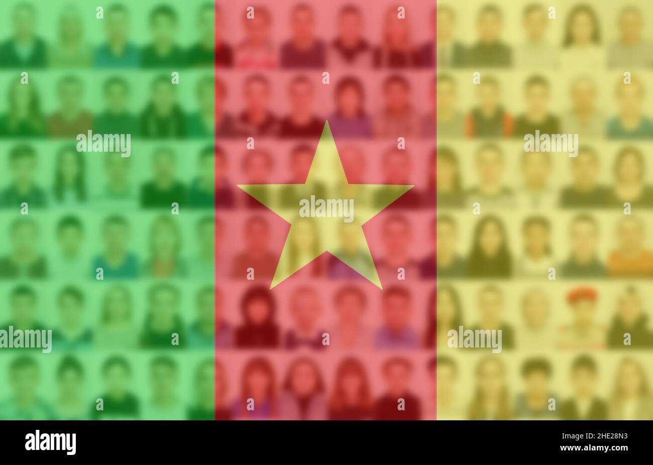 Portraits of many people on the background of the flag of Cameroon. The ...