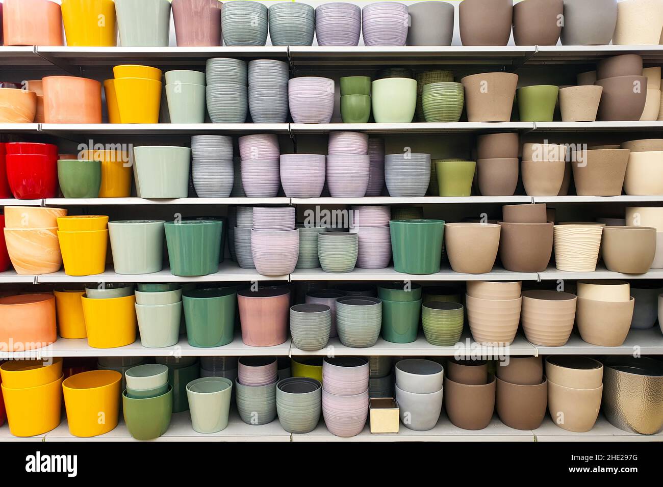 Many Flower pots in the supermarket, full color Stock Photo - Alamy