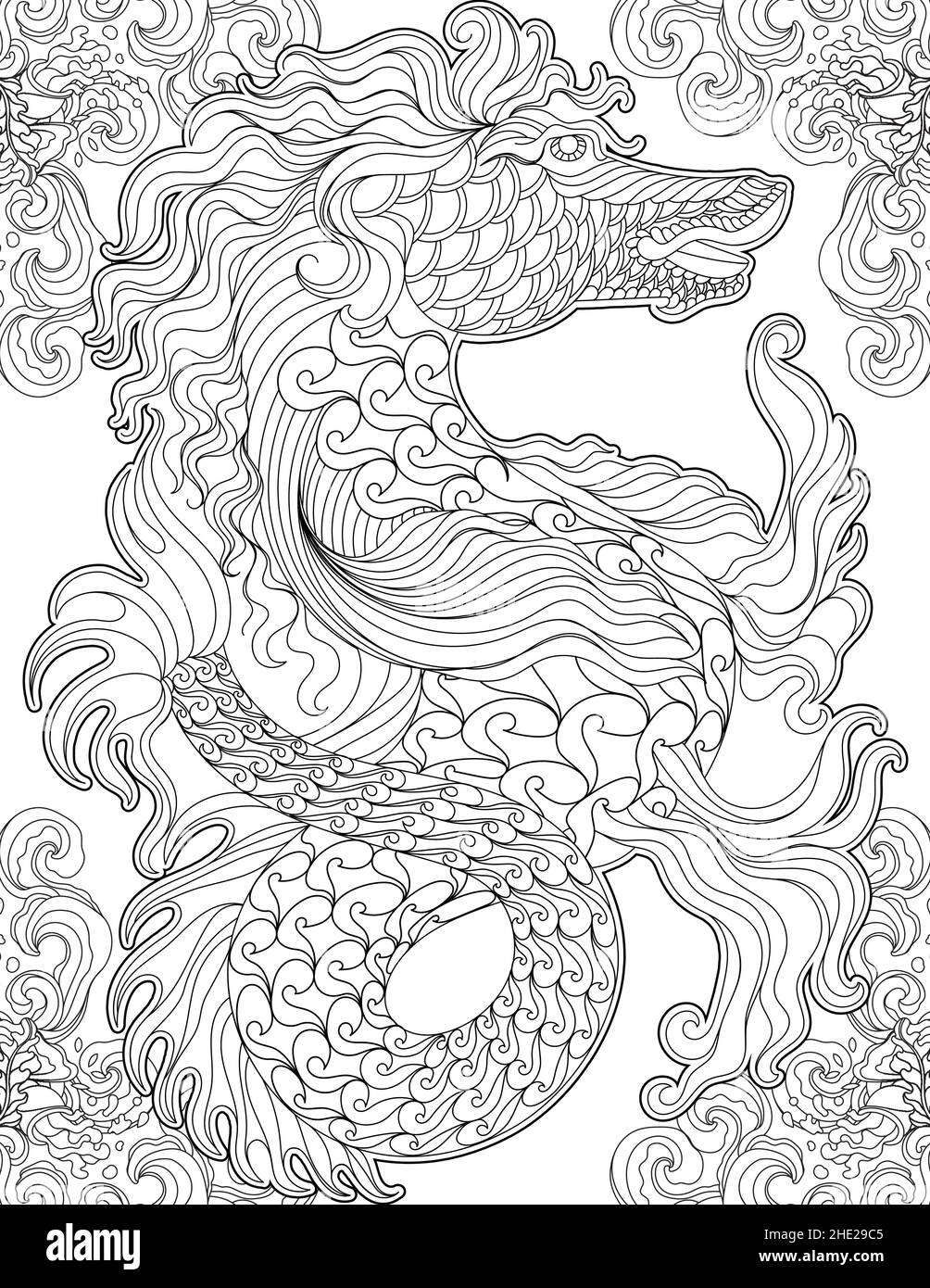 Dragon Line Drawing For Coloring Book With Detaied Inside. idea Stock ...