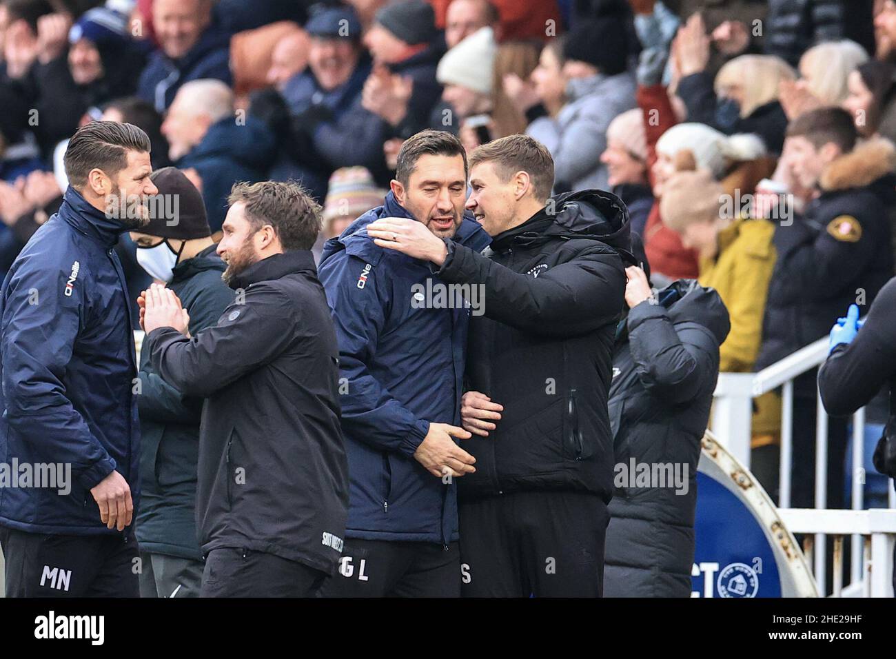 Graeme Lee manager of Hartlepool United celebrates Joe Grey #12 of ...