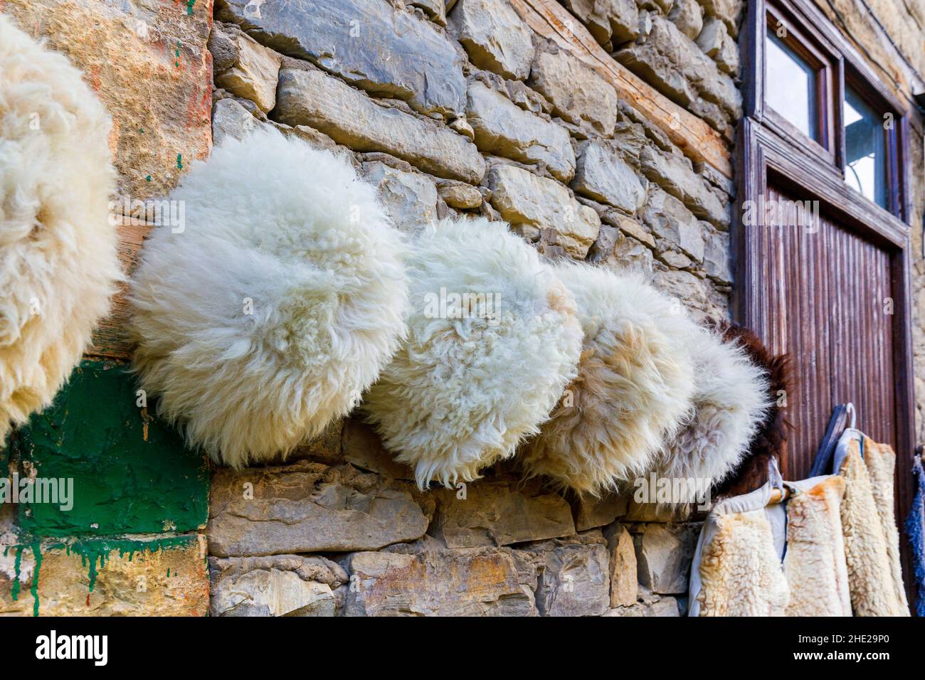Ram wool hats for sale on the street of the village Stock Photo - Alamy