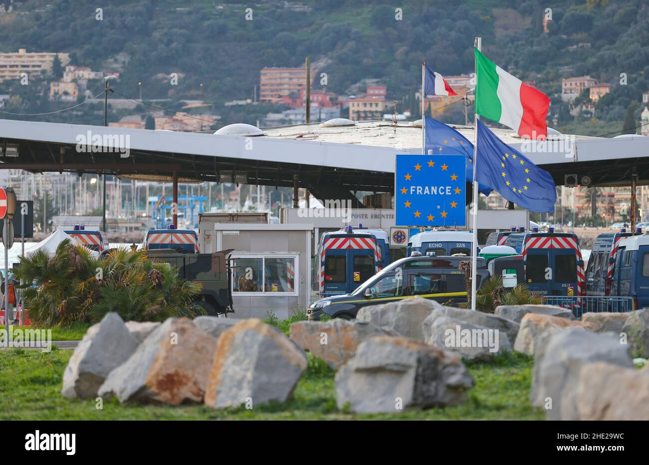 Menton, France - January 7, 2022: French-Italian border, French Police ...