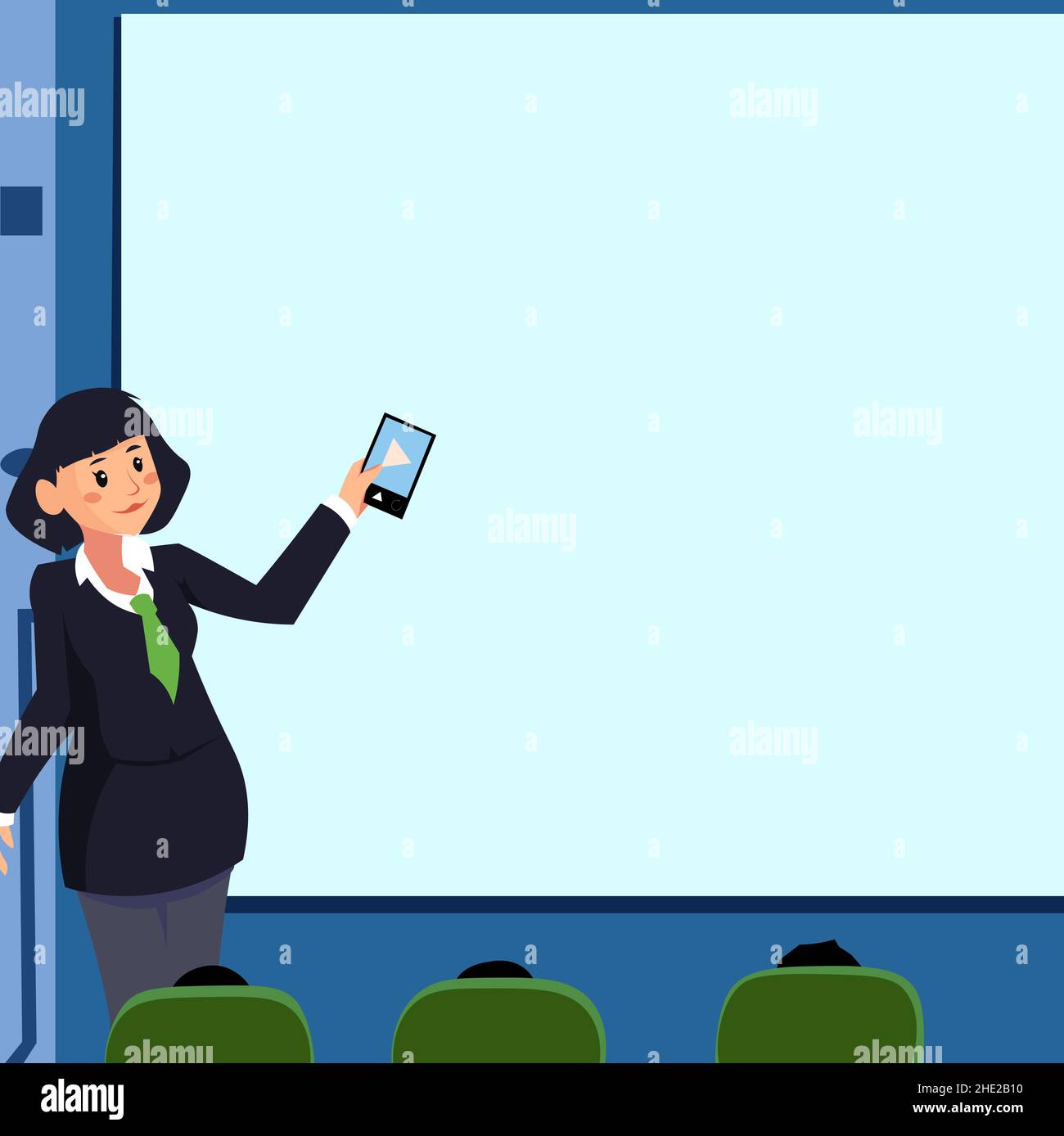 Woman Holding Remote Control Presenting Latest Ideas On Backdrop Screen ...