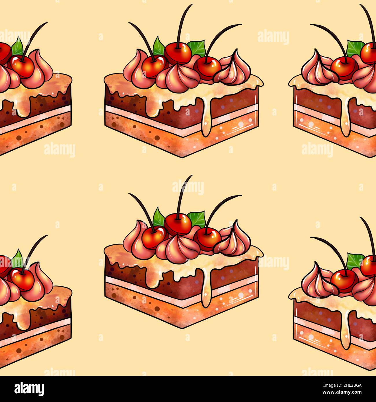 Illustration raster seamless pattern brown color cake pieces on yellow ...