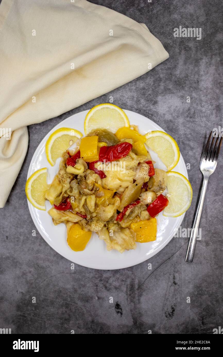 Roasted eggplant salad on a dark background. Turkish salad of baked ...