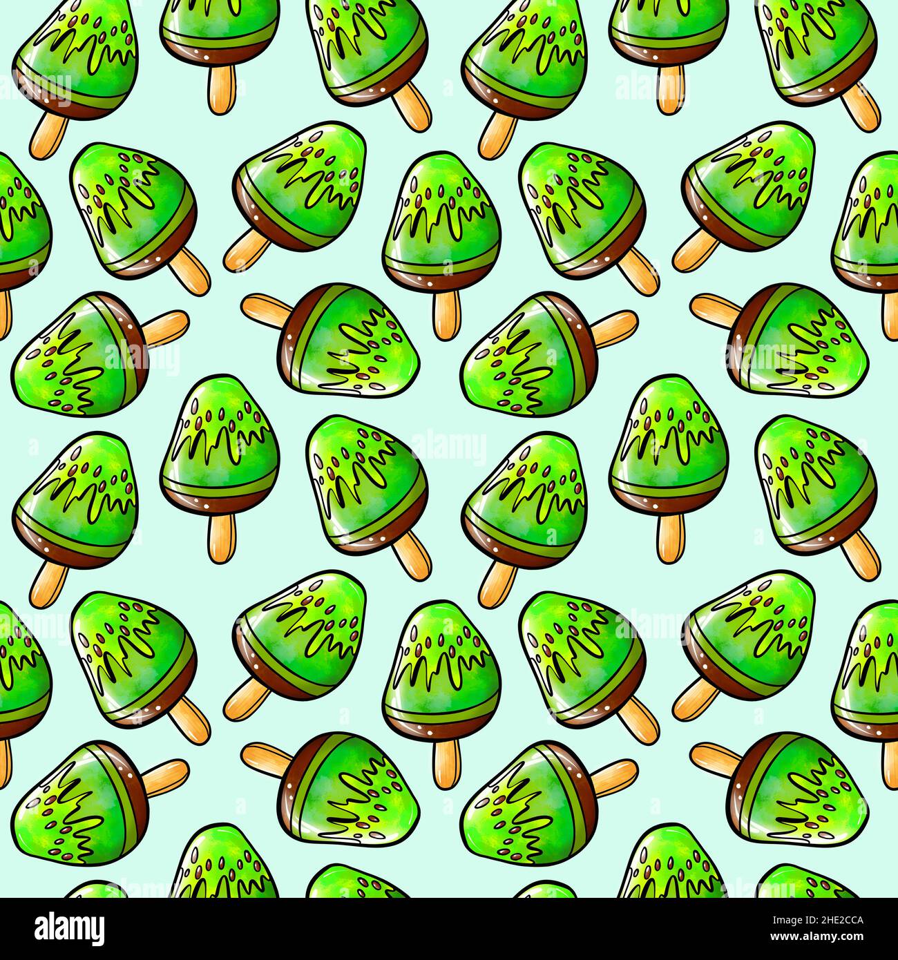 Seamless raster pattern of green ice cream on stick with kiwi fruit ...