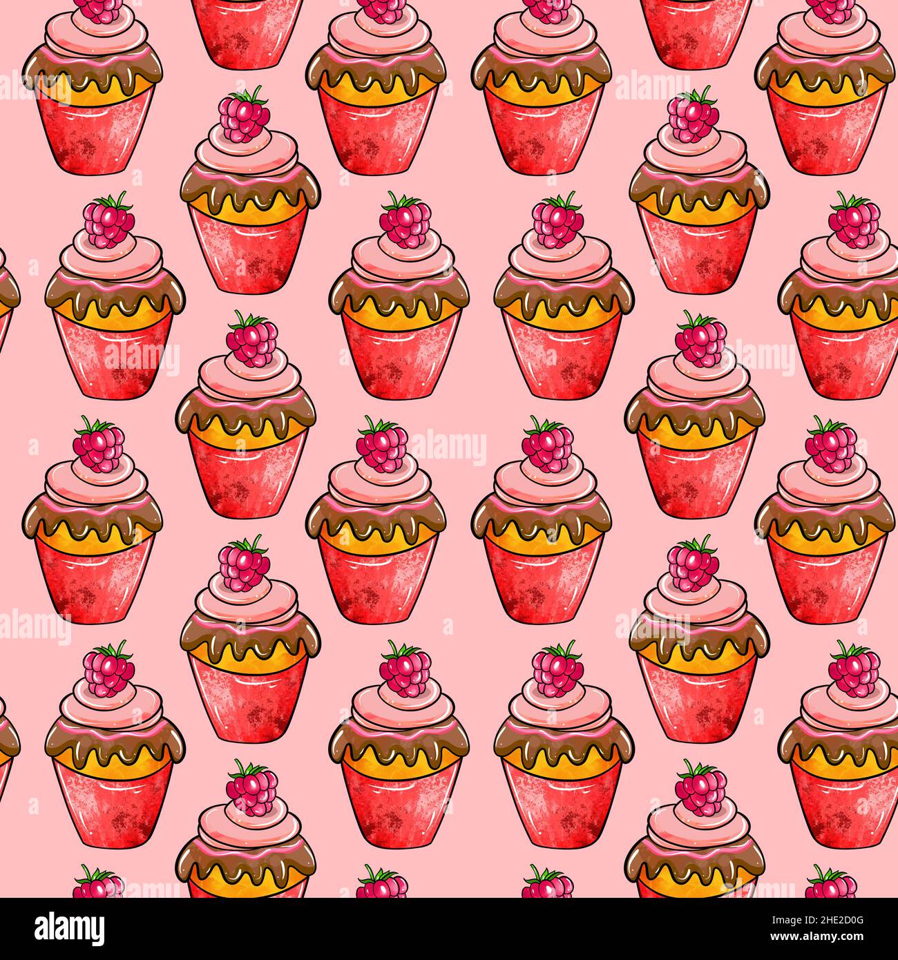 Illustration raster seamless pattern cream dessert red color decorated ...