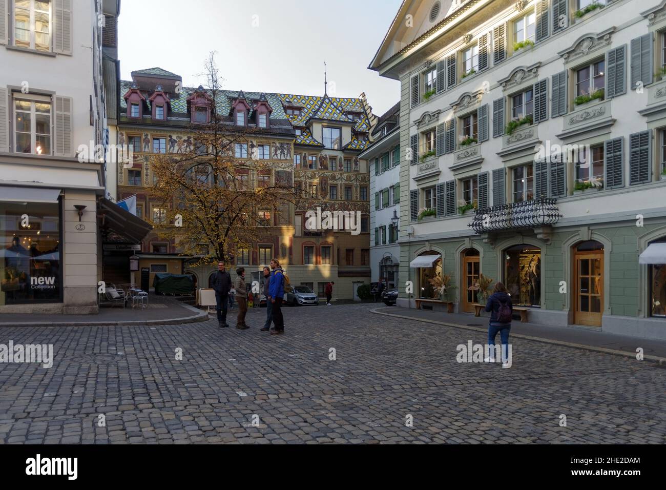 View along pedestrian street in the historic center of Lucerne ...