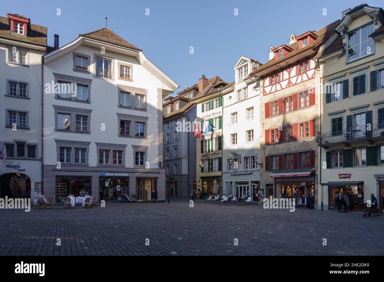View along pedestrian street in the historic center of Lucerne ...