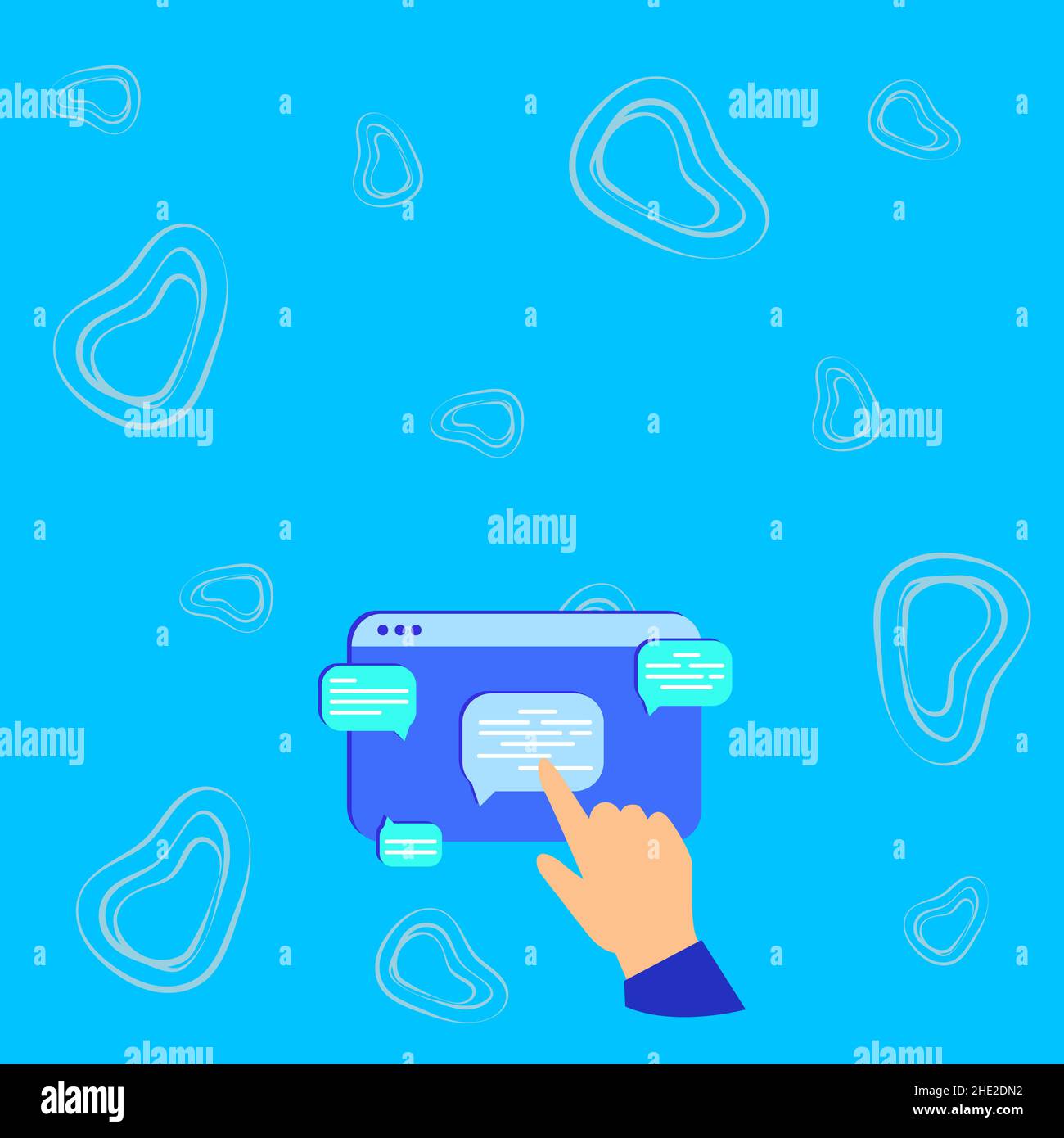 Hand Showing Graph Growth Pointing Web Browser Screen With Chat Bubbles. Notebook Computer ...