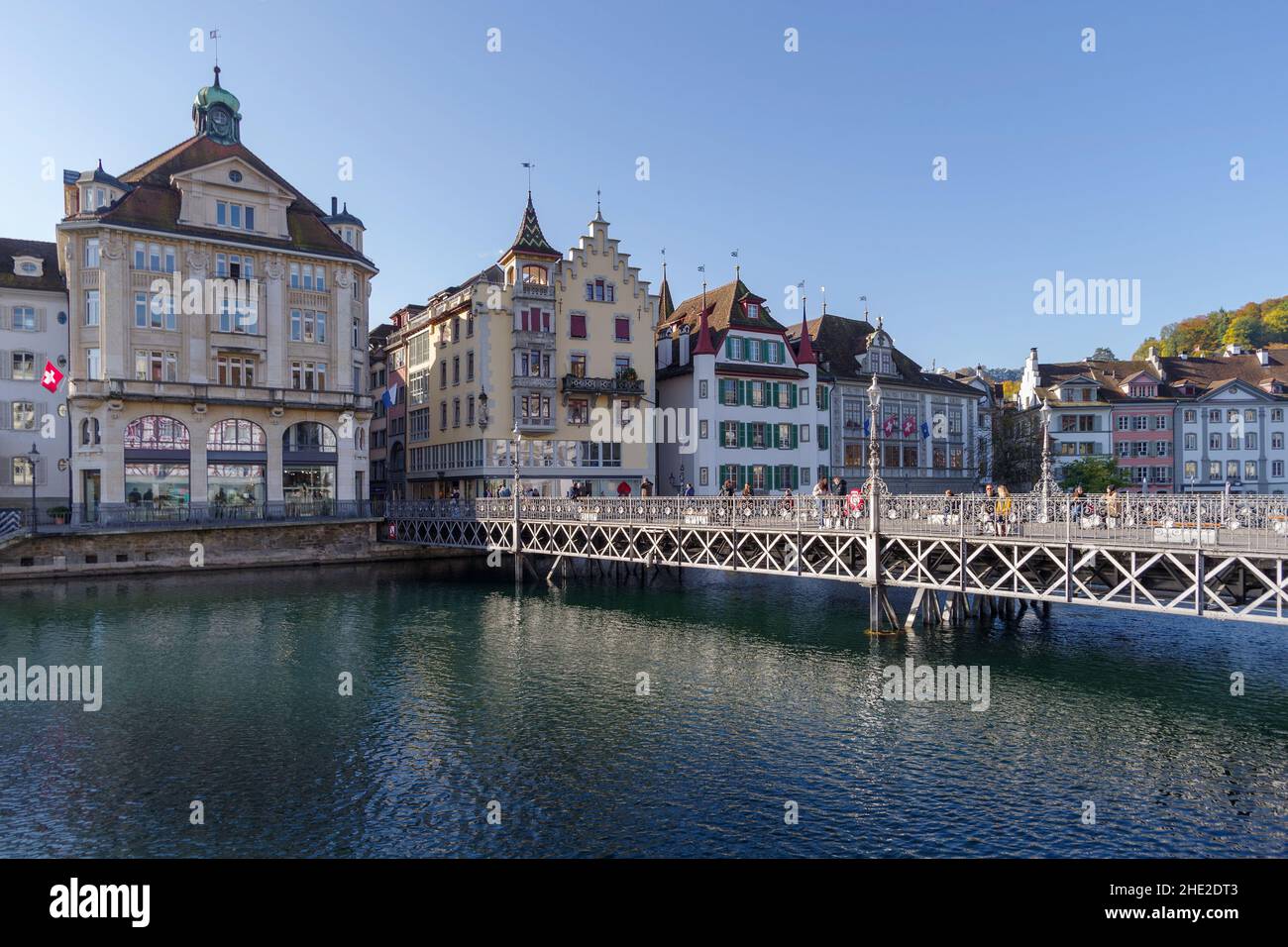 Lucerne, Switzerland, View of historical buildings along riverside ...