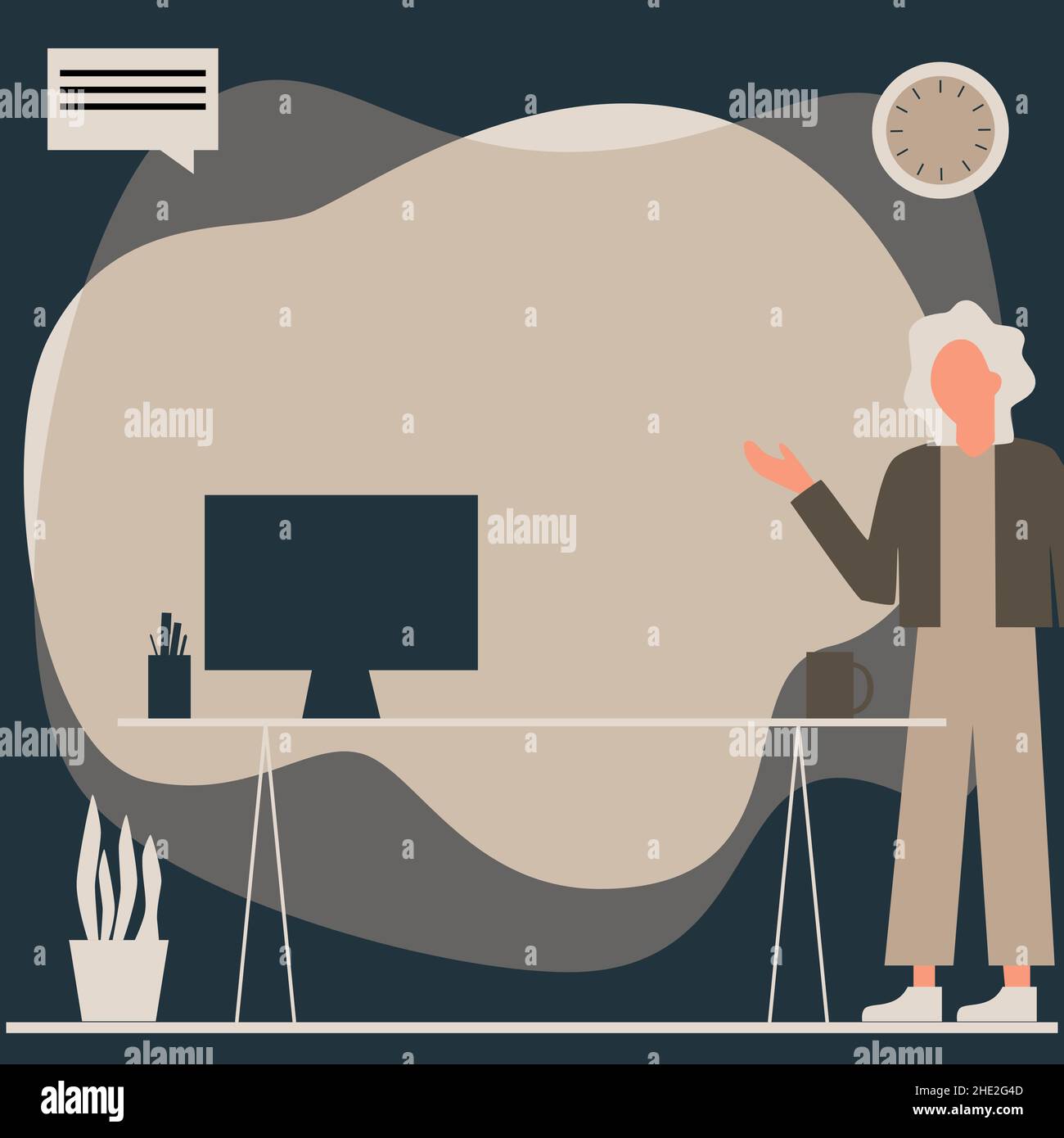 Woman Standing Office Desk Using Laptop With Speech Bubble Beside Plant ...