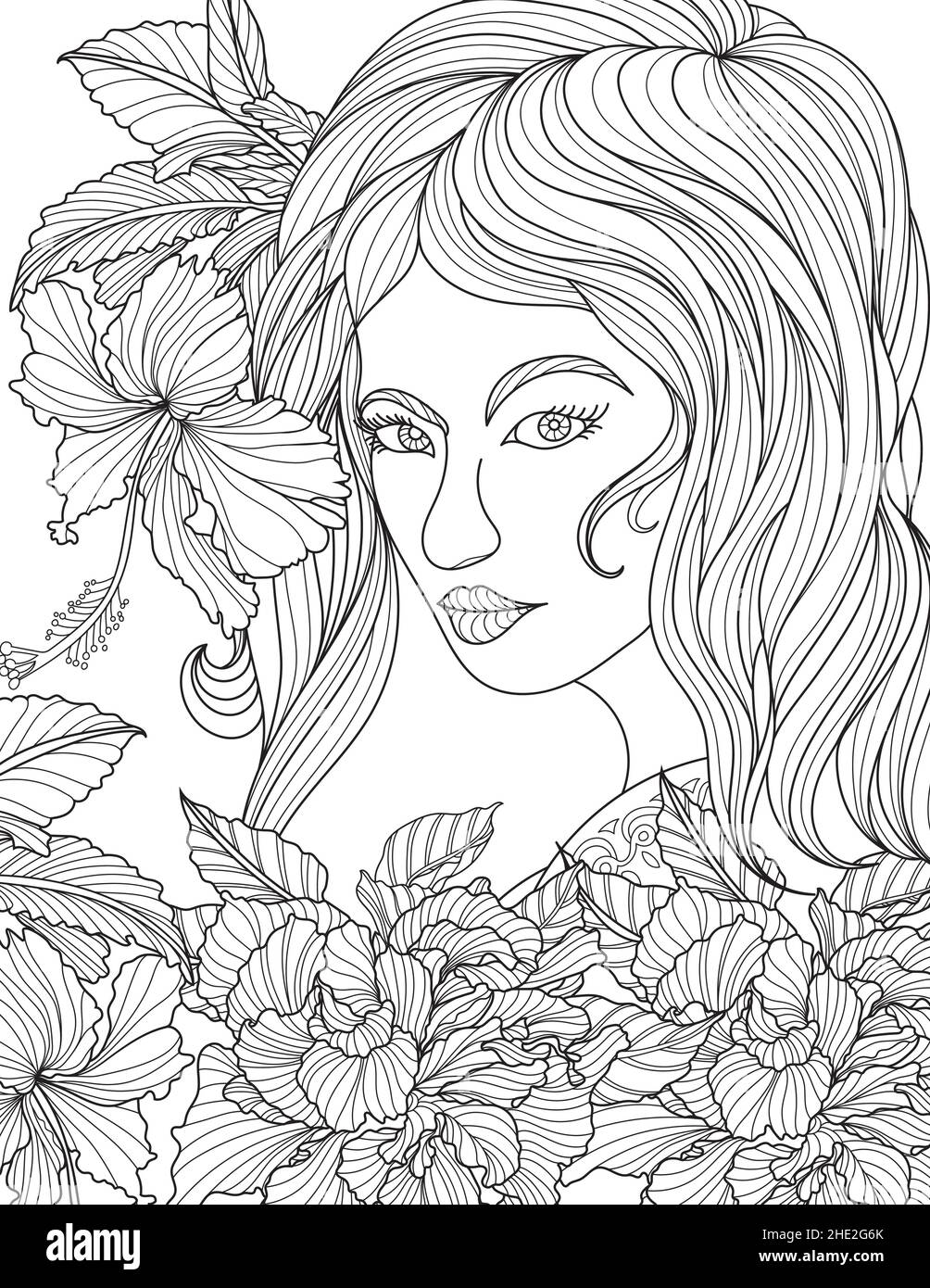 Lady Face Line Drawing With Long Hair Surrounded With Flowers Coloring ...