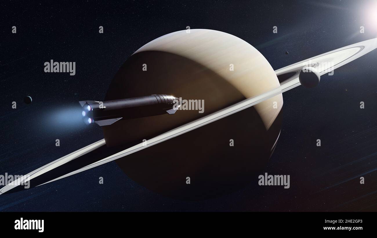 Super heavy Starship on mission in outer space on Saturn planet ...