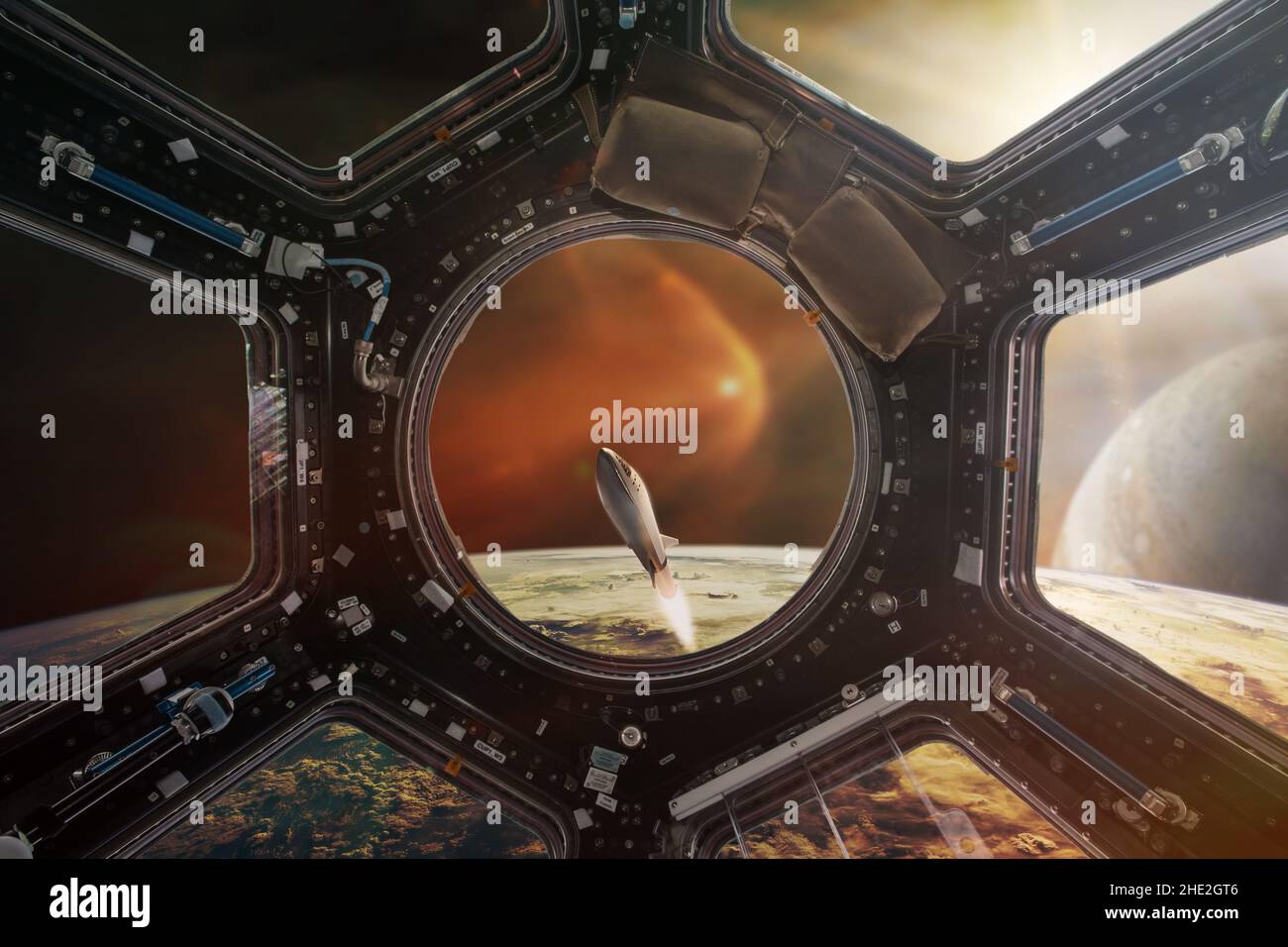 View of Starship taking off on a mission, from a porthole of ISS ...