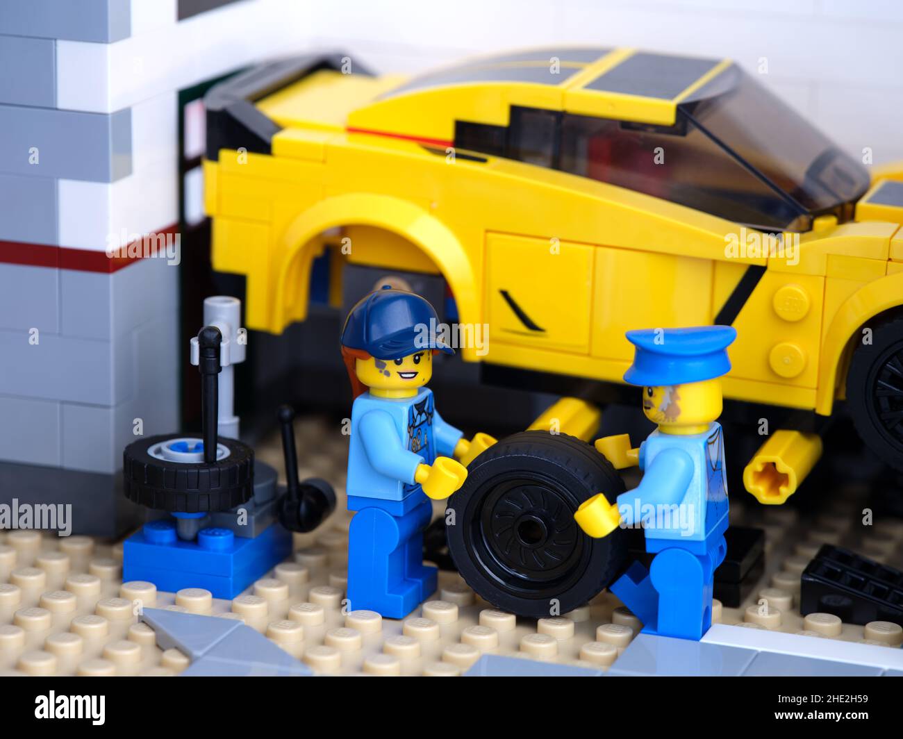 Tambov, Russian Federation - January 03, 2022 Two Lego mechanics ...