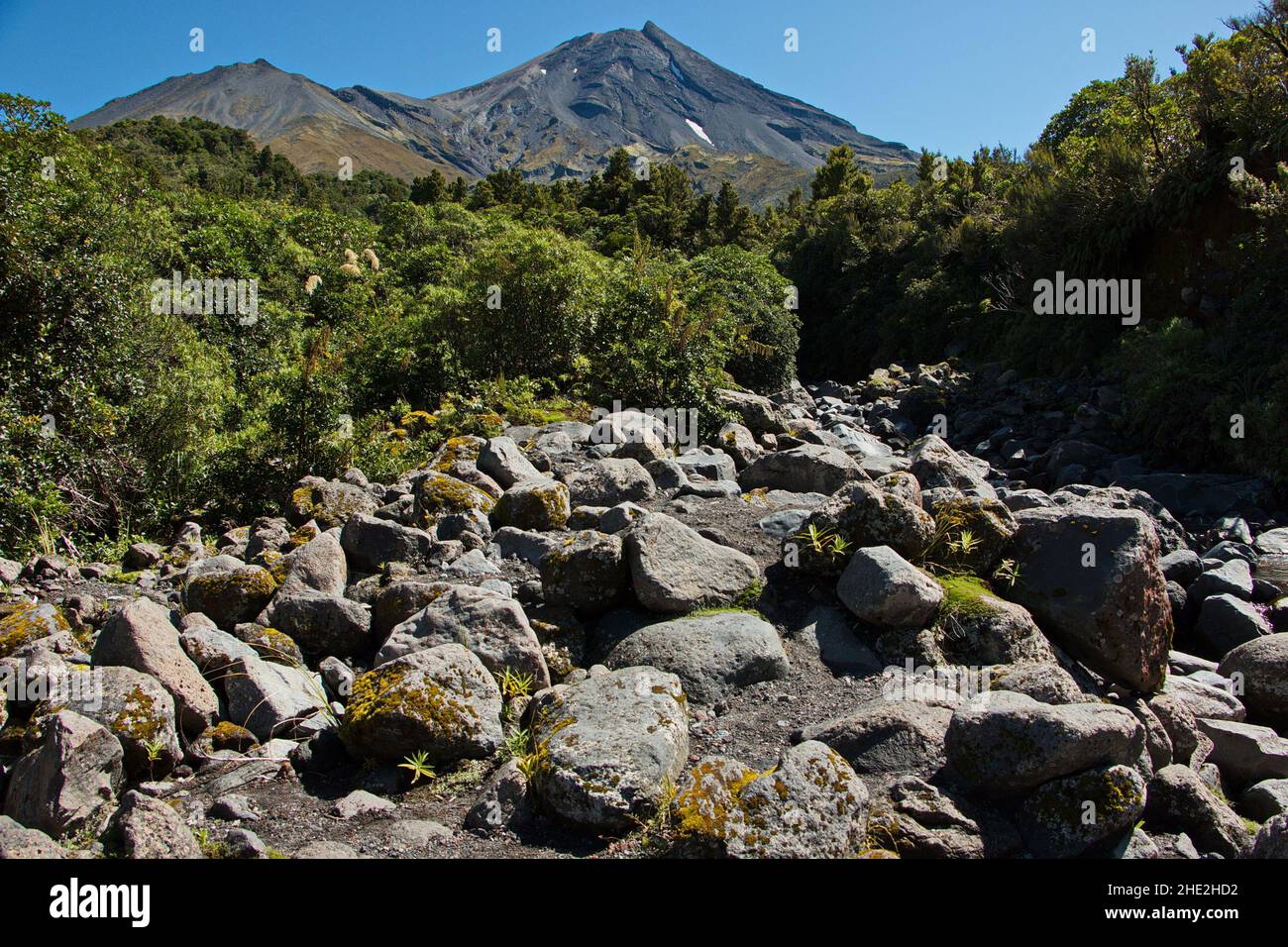 Stony riverbed under Mount Taranaki in Egmont National Park,Taranaki ...