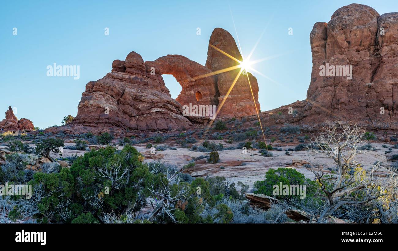 Arches National Park in Utah Turret Arch with sun star Stock Photo - Alamy