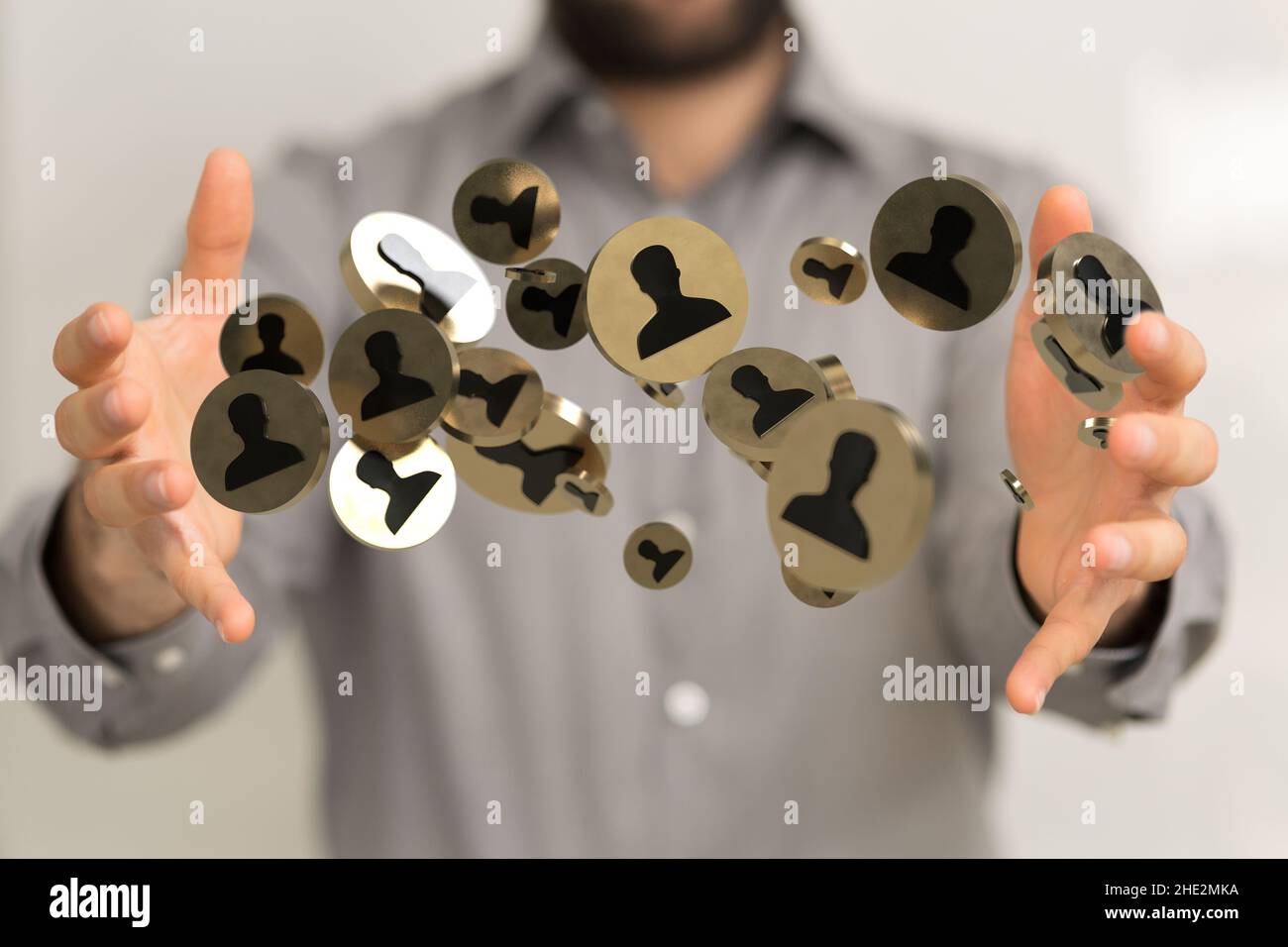 Businessman holding a floating render of profile icons-network, connection concept Stock Photo ...