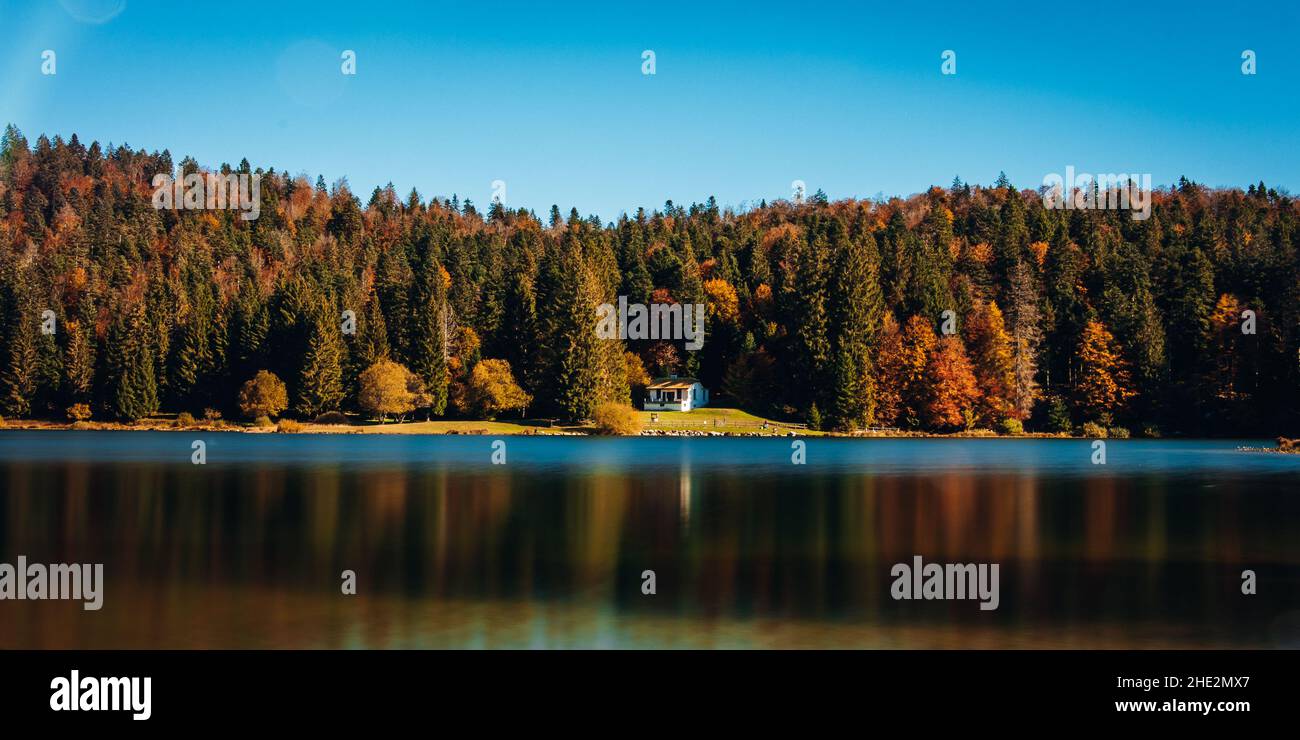 Scenic lakeside with a house and coniferous forest in fall colors Stock ...