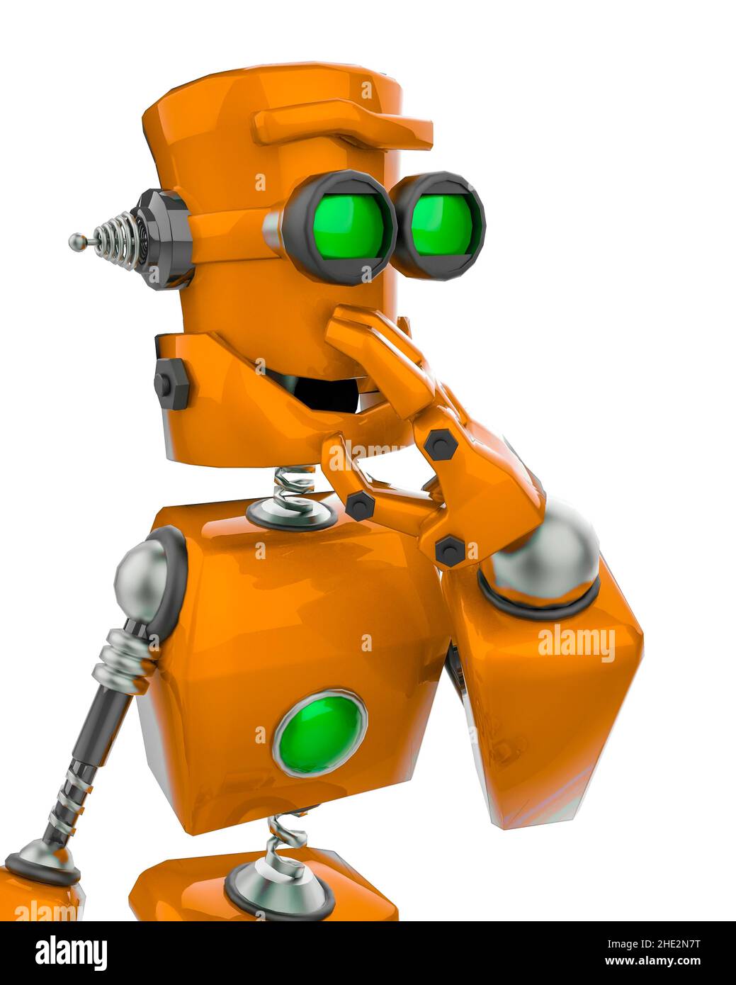 funny robot cartoon is thinking about in a white background close up ...