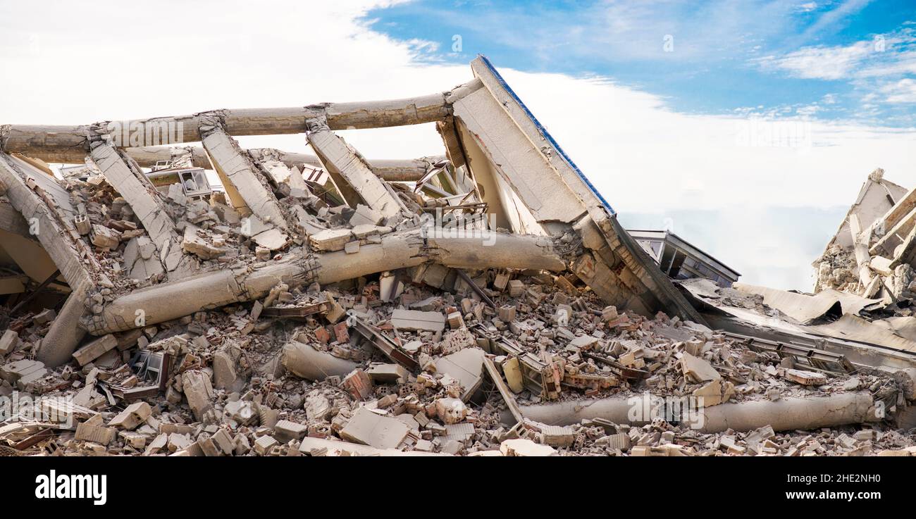 Panoramatic view on collapsed concrete industrial multilevel building ...