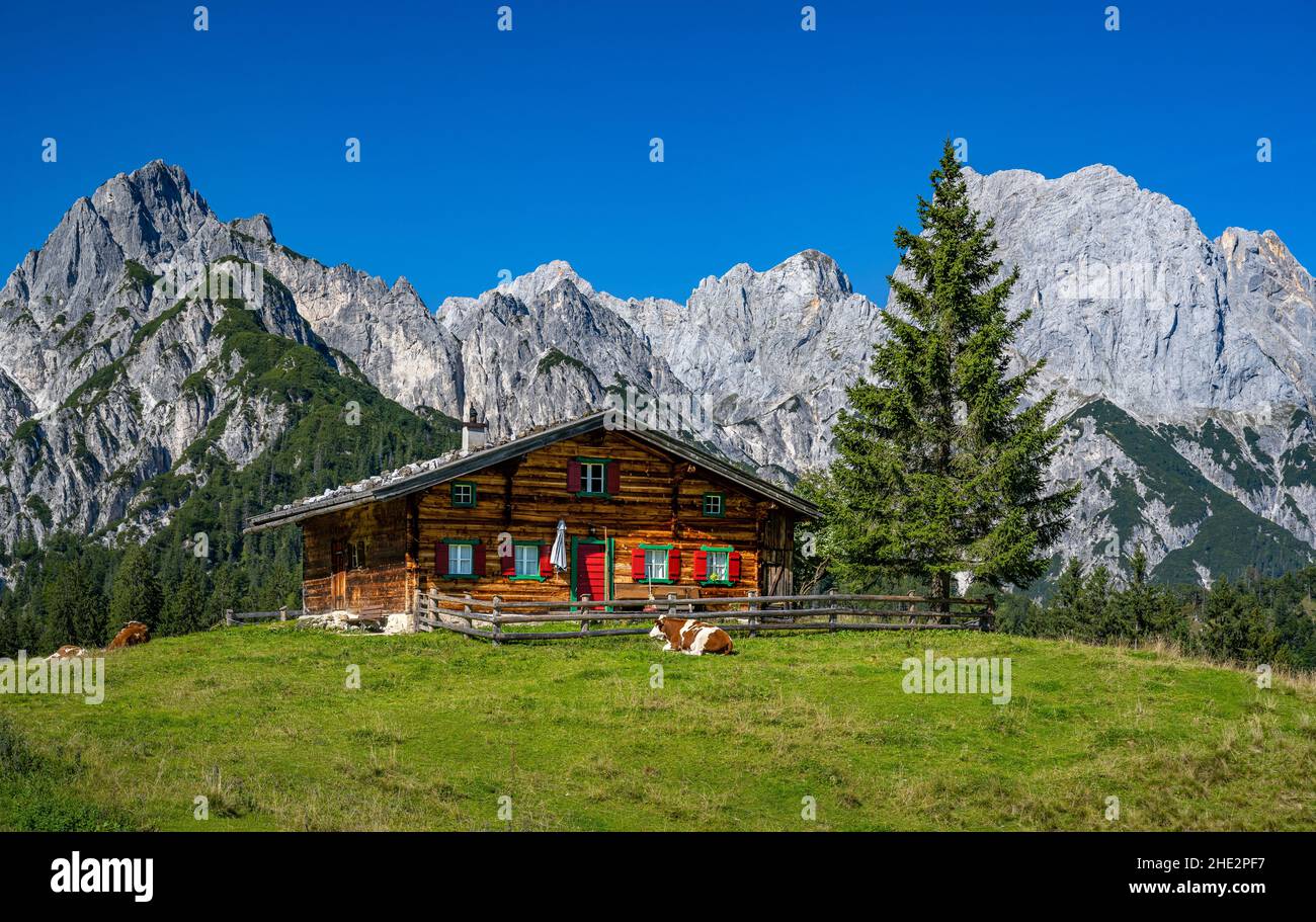 Traditional Austrian alpine hut in front of an impressive mountain ...