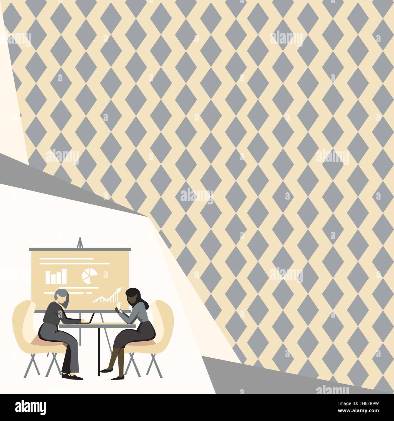 Colleagues Sitting On Desk With Laptop And Papers Showing Graphs And ...